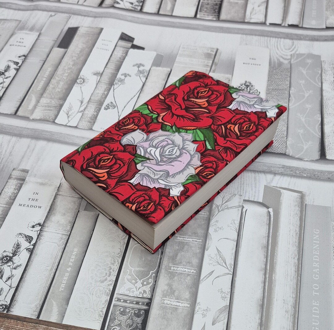 Adjustable Padded Book Cover: Red Roses Pattern, Cotton Paperback ...