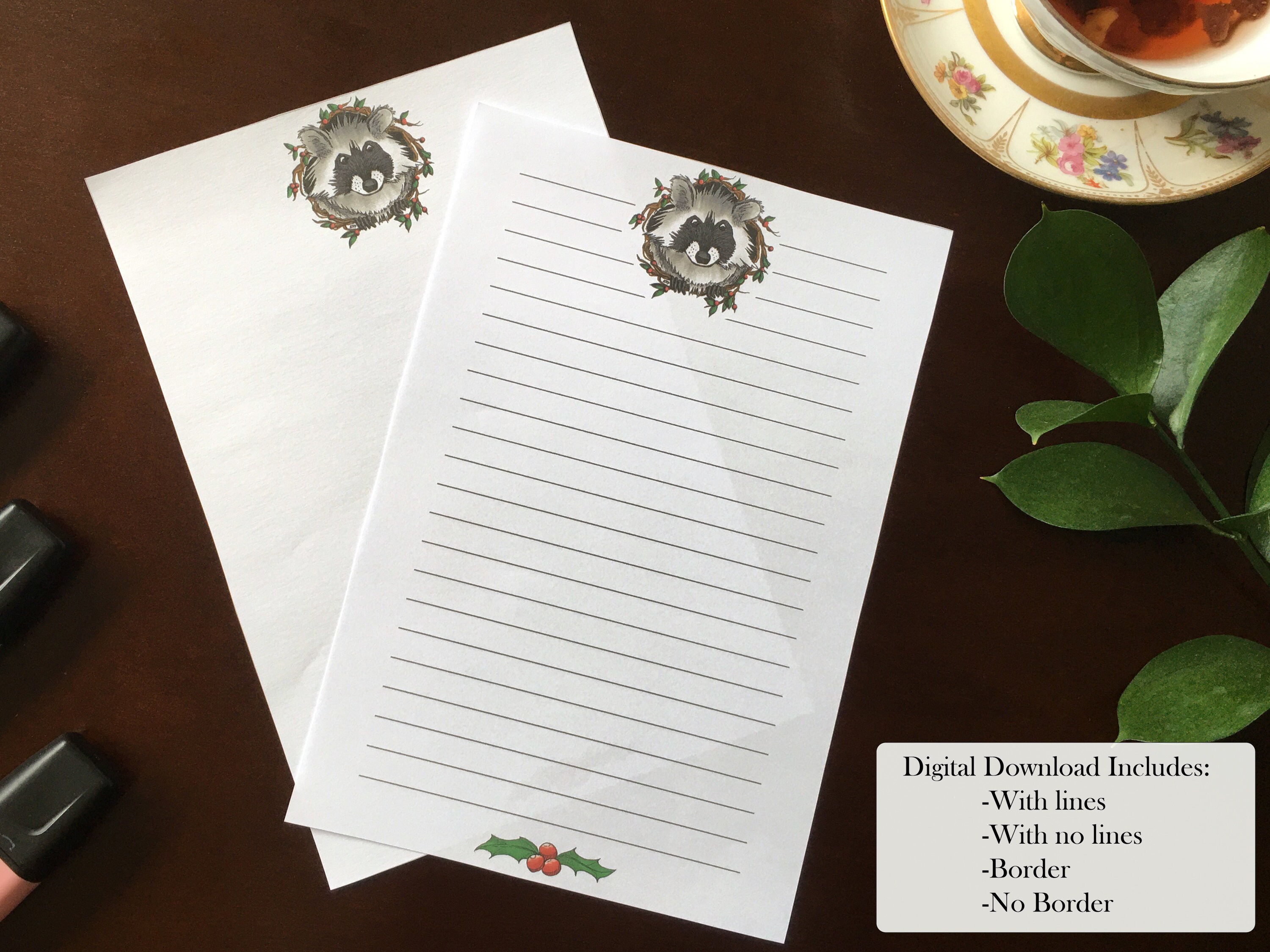 A5 Printable Holiday Raccoon Digital Paper, Instant Download Stationary ...