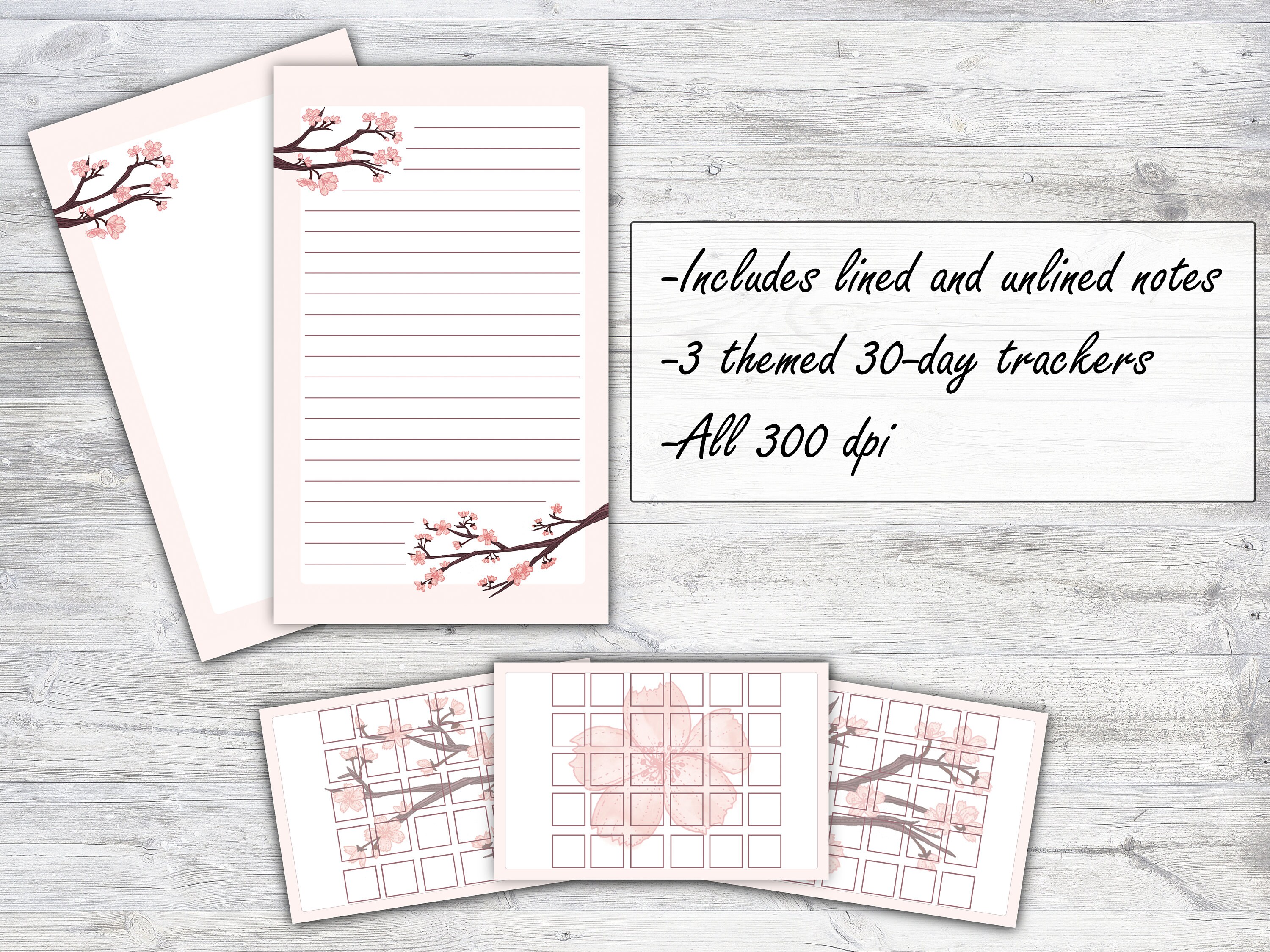 Printable Pink Cherry Blossom Flower Digital Note Set, Instant Download ...