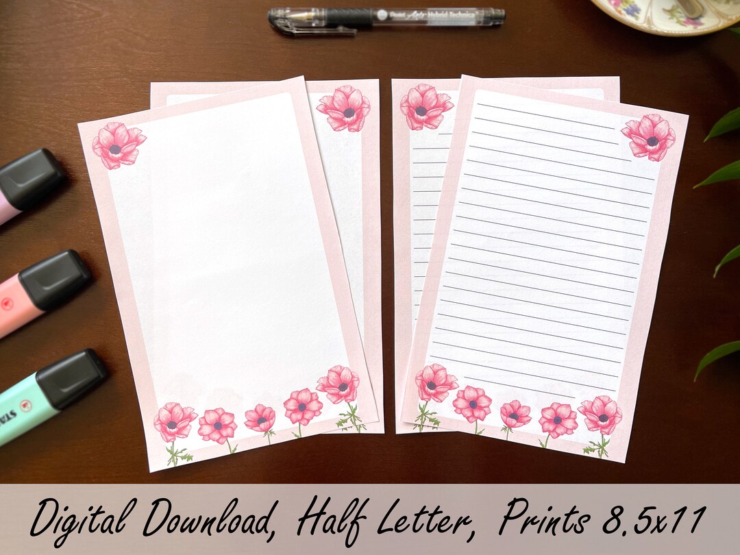 U.S. Half Letter Size Printable Pink Windflower Digital Paper Set ...
