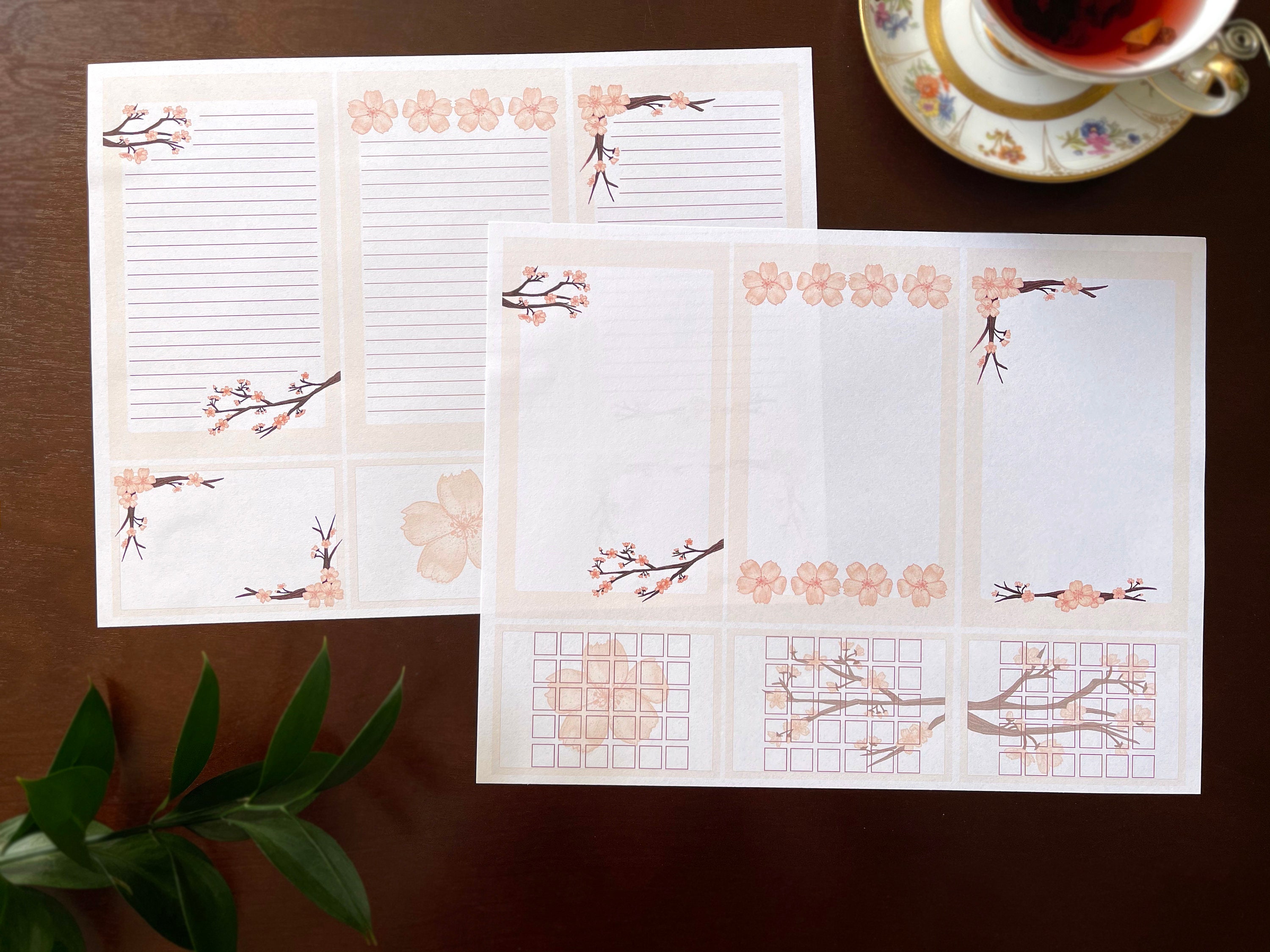 Printable Pink Cherry Blossom Flower Digital Note Set, Instant Download ...