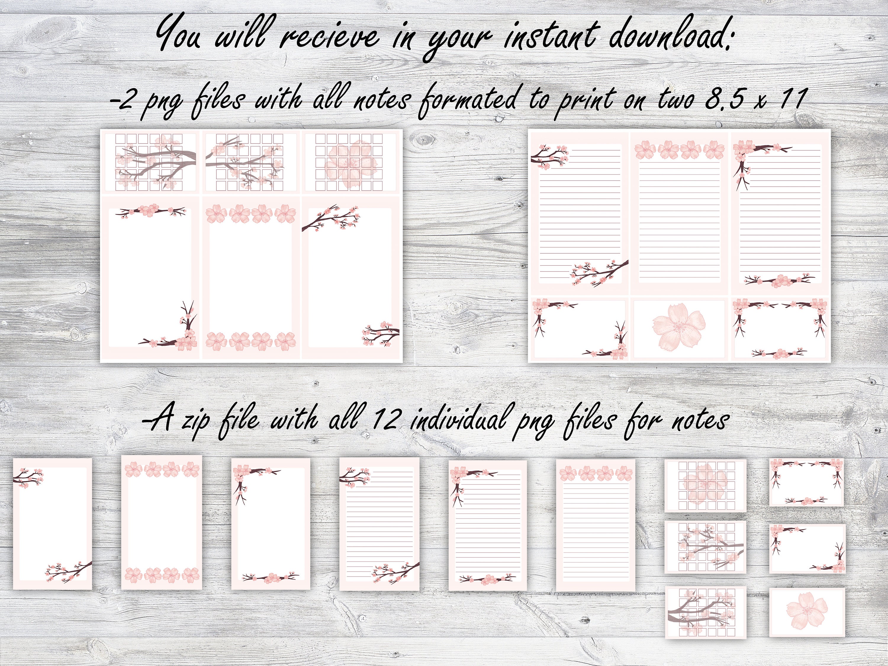 Printable Pink Cherry Blossom Flower Digital Note Set, Instant Download ...