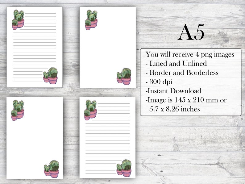 A5 Printable Cactus Digital Paper Instant Download Stationary - Etsy