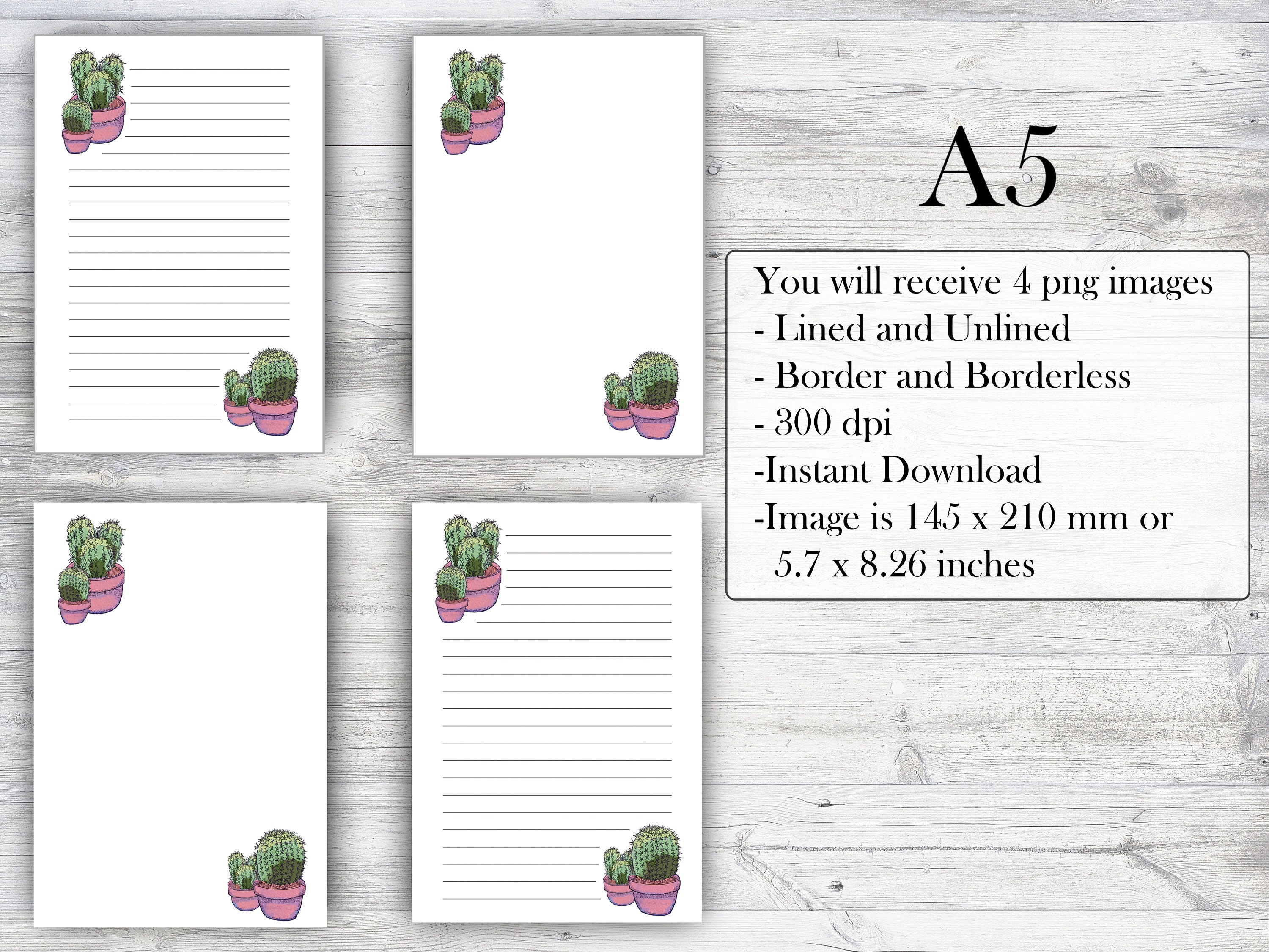 A5 Printable Cactus Digital Paper, Instant Download Stationary Sheets ...