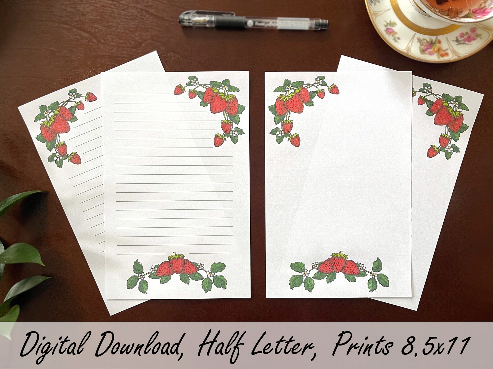 U.S. Half Letter Size Printable Summer Strawberry Digital Paper Set ...