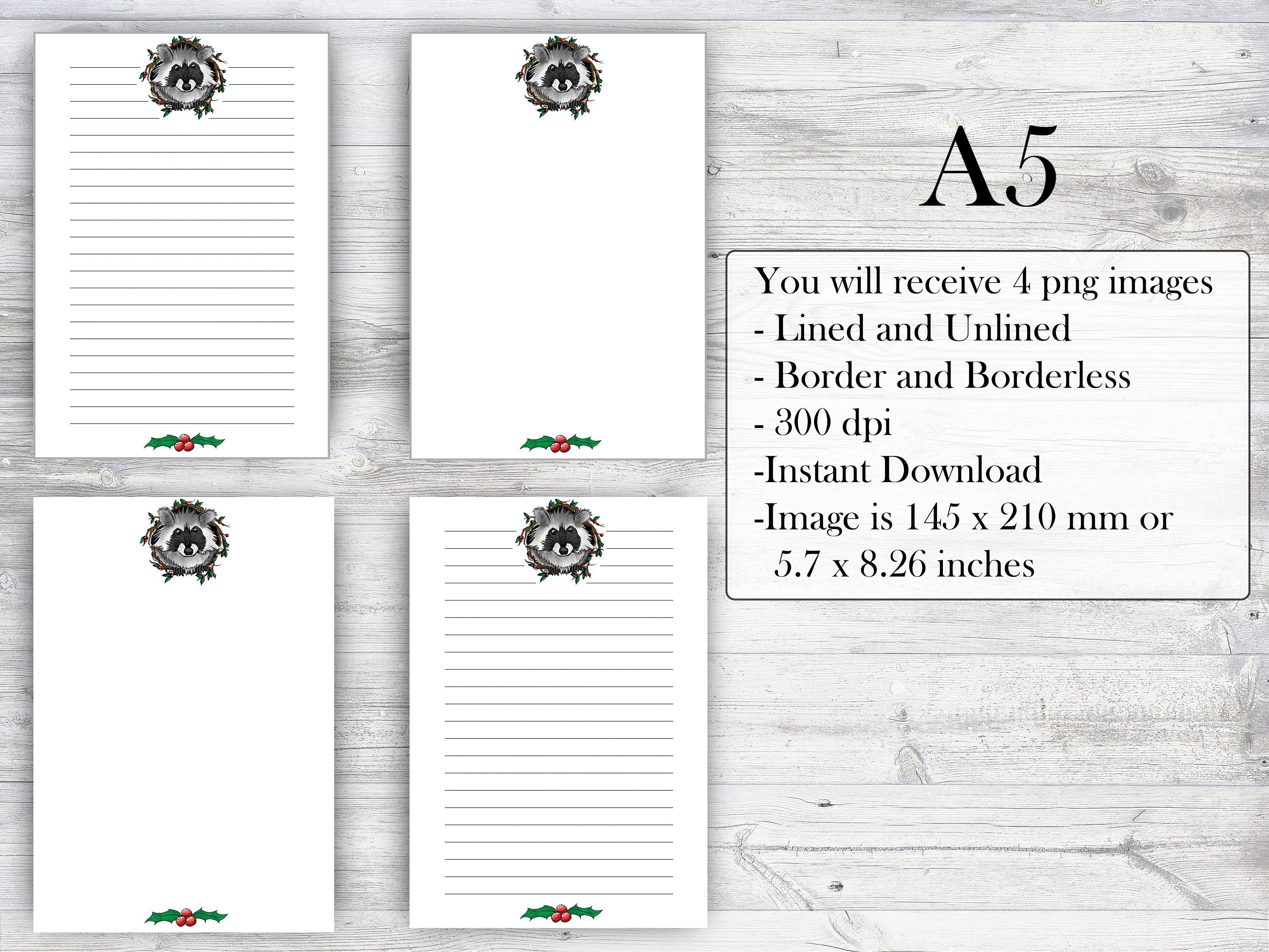 A5 Printable Holiday Raccoon Digital Paper, Instant Download Stationary ...