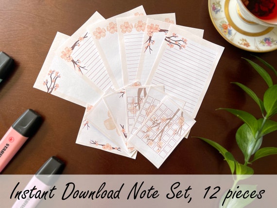 Printable Pink Cherry Blossom Flower Digital Note Set Instant - Etsy