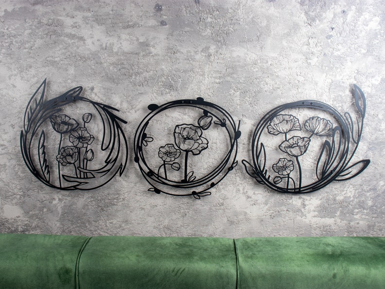 Poppy Flowers Metal Wall Decor Set, Metal Wall Art, Bedroom Wall Decor ...