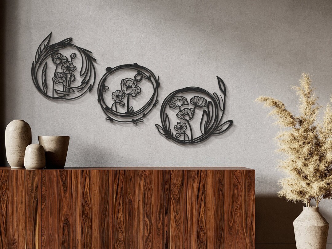 Poppy Flowers Metal Wall Decor Set, Metal Wall Art, Bedroom Wall Decor ...