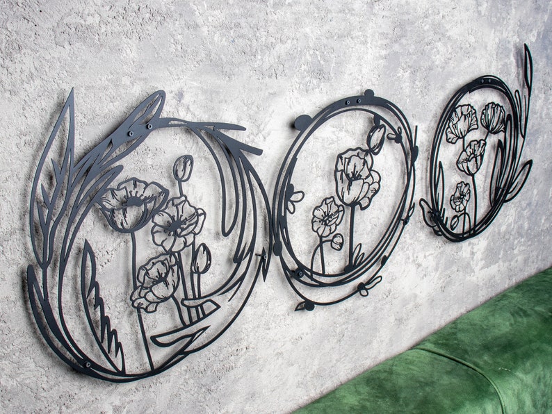 Poppy Flowers Metal Wall Decor Set, Metal Wall Art, Bedroom Wall Decor ...