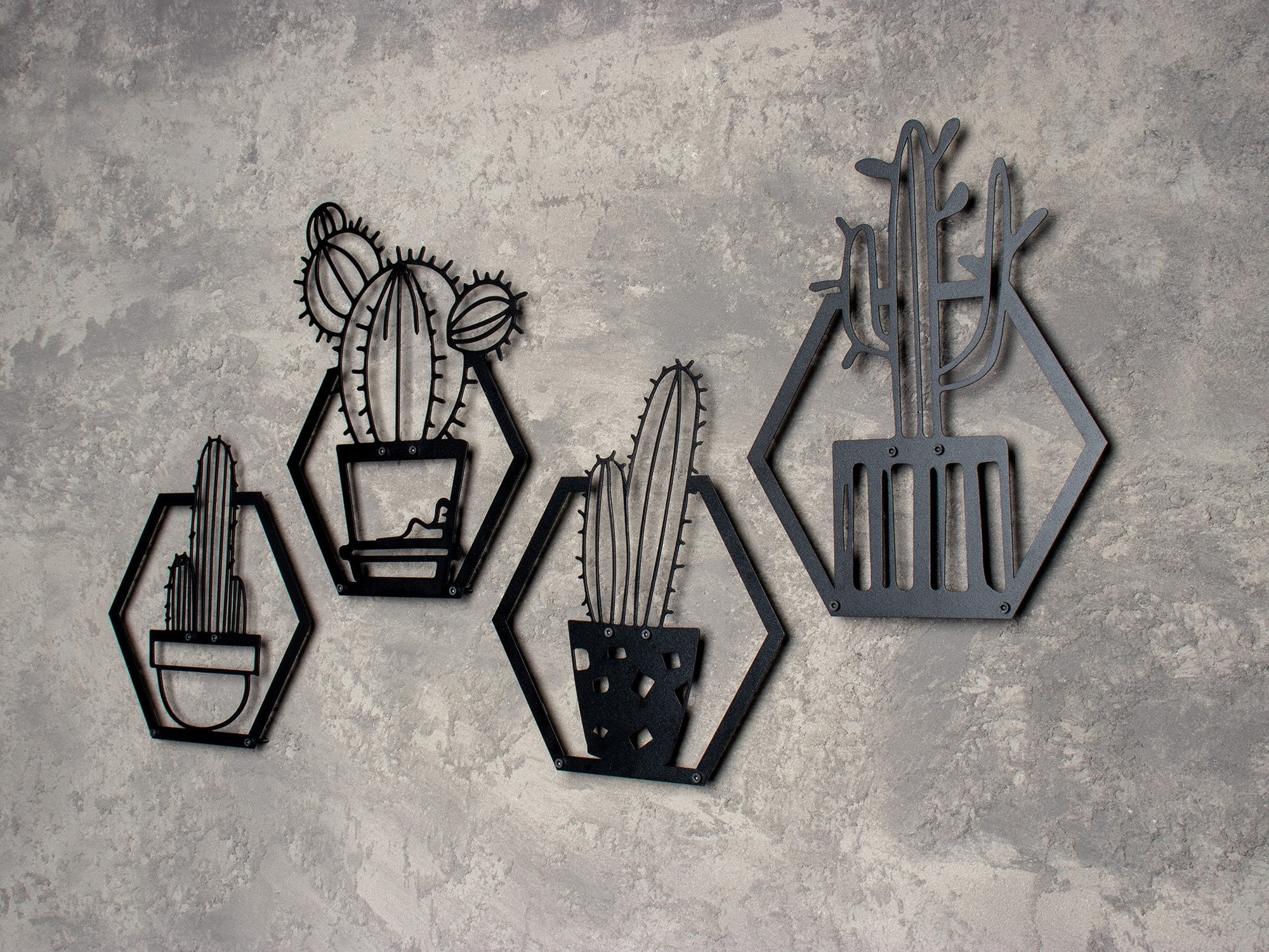 Geometric Cactus Flowers Metal Wall Art, Living Room Decor, Metal ...