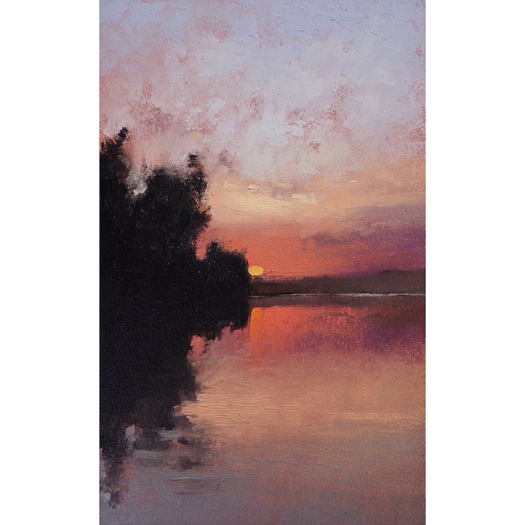 Original Sunset Over Water Oil Painting: Impressionist Vertical ...