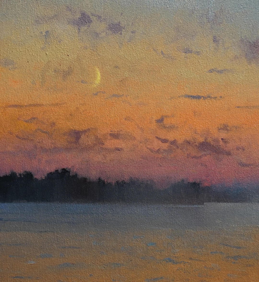 Original Oil Painting of Sunset Moon Lake Landscape on Panel, 7x7.5 ...