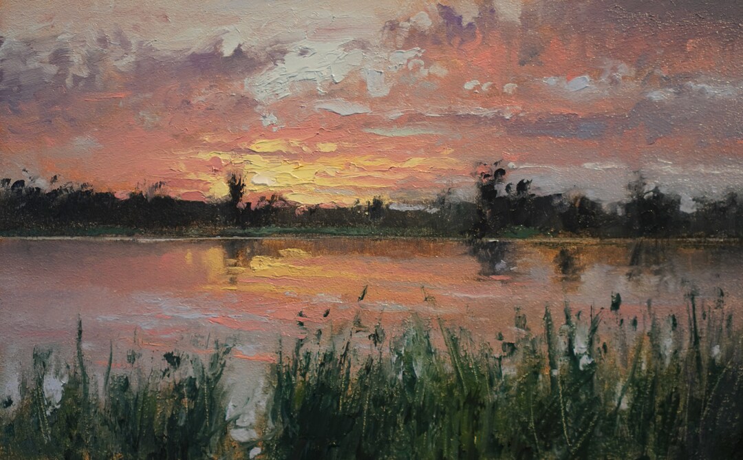 Original Impressionist Sunset Landscape Oil Painting, Lake Wall Art 8x5 ...