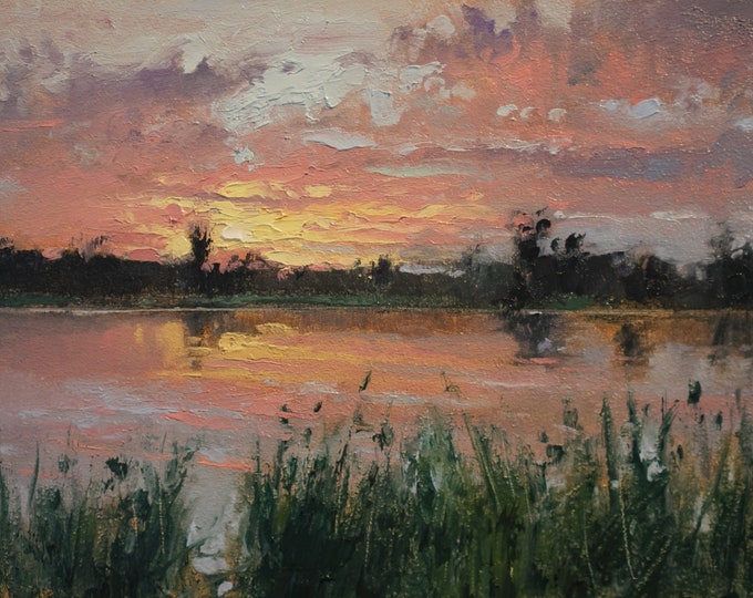 Original Impressionist Sunset Landscape Oil Painting, Lake Wall Art 8x5 ...
