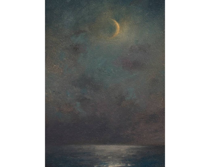 Original Moon Set Night Landscape Oil Painting 4.5x8 Inches (home Wall ...