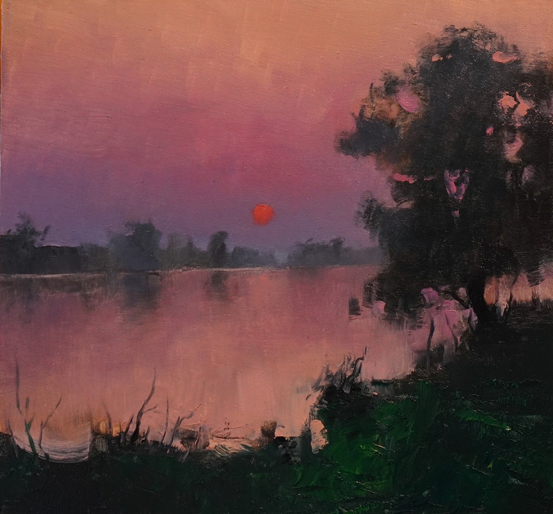 Original Sunset Landscape Oil Painting, Tonalist Wall Art, Lake Decor ...