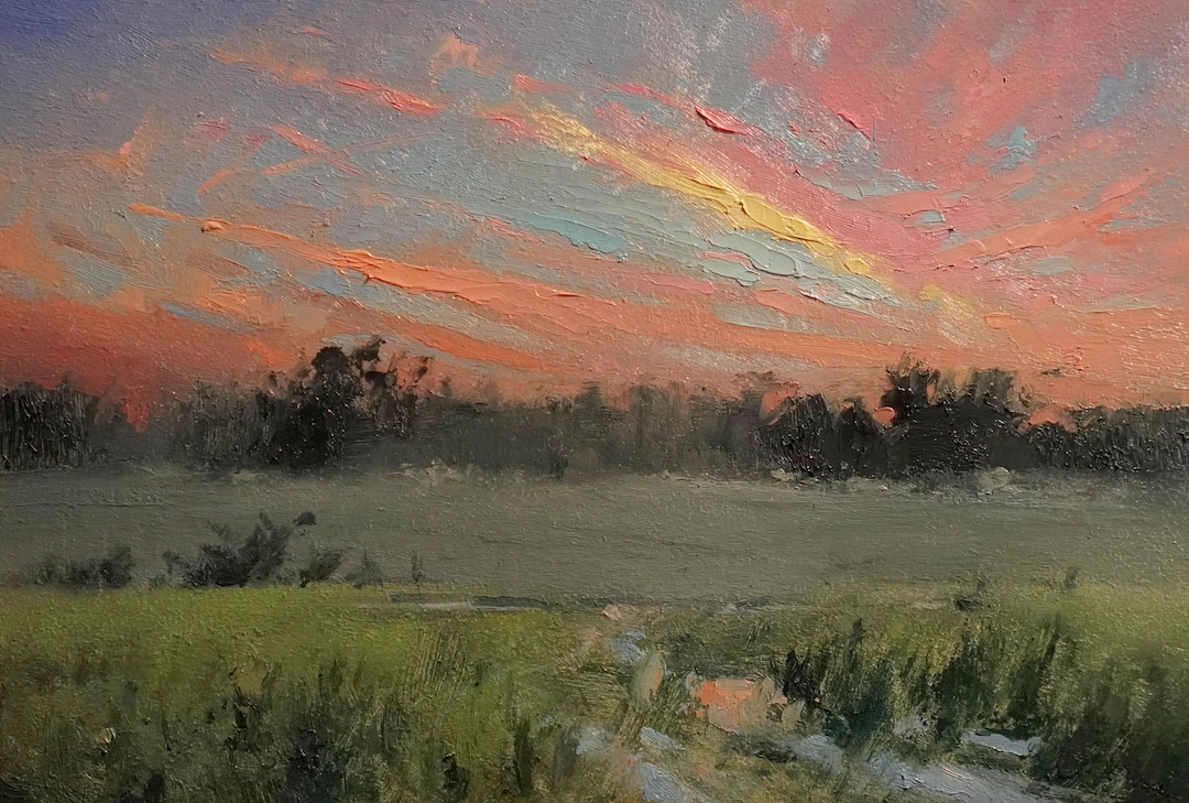 Impressionist Sunset Landscape Oil Painting Original, Grass Field Wall ...