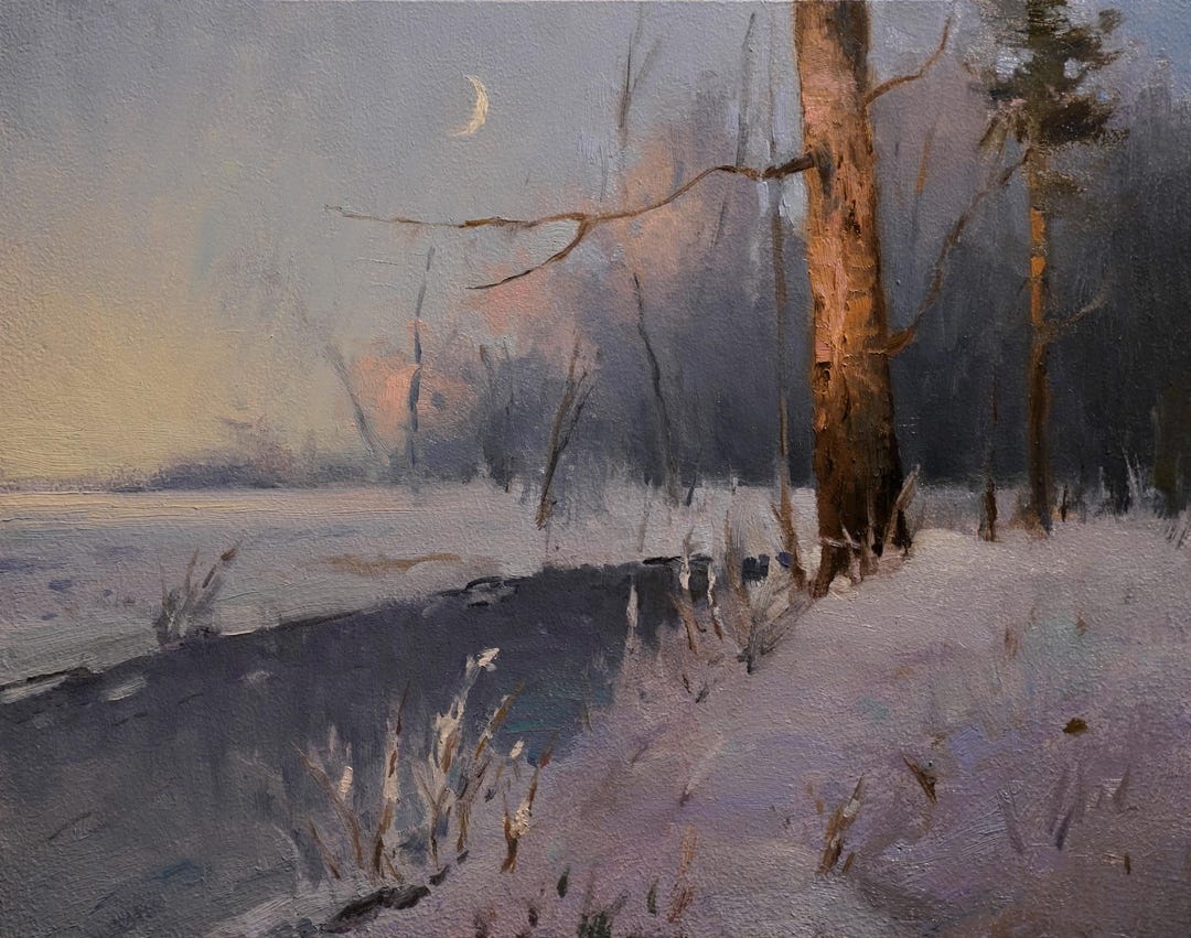 Original Impressionist Snow Landscape Oil Painting: Moon River Art 8x10 ...