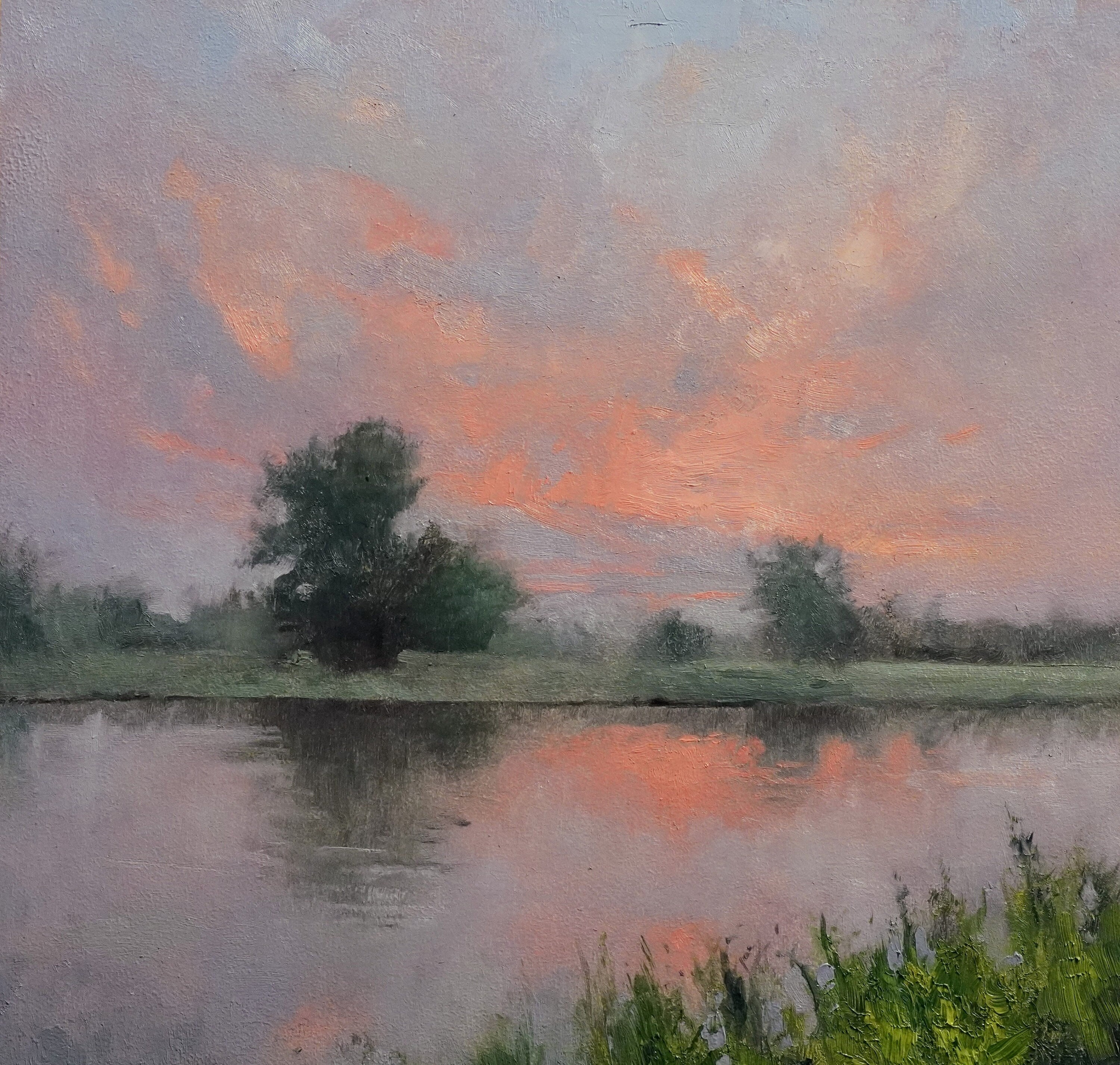 Original Pink Sky Sunset Oil Painting, Countryside Landscape Wall Art ...