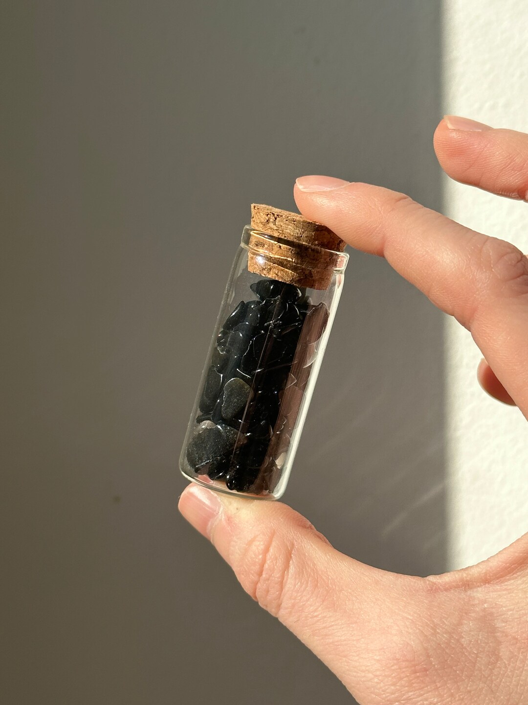 Obsidian Crystal Chip Jar | Polished Black Obsidian in Glass Bottle ...