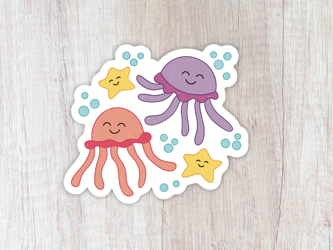 Happy Jellyfish Sticker, Ocean Animal Decal, Kawaii Notebook Sticker ...