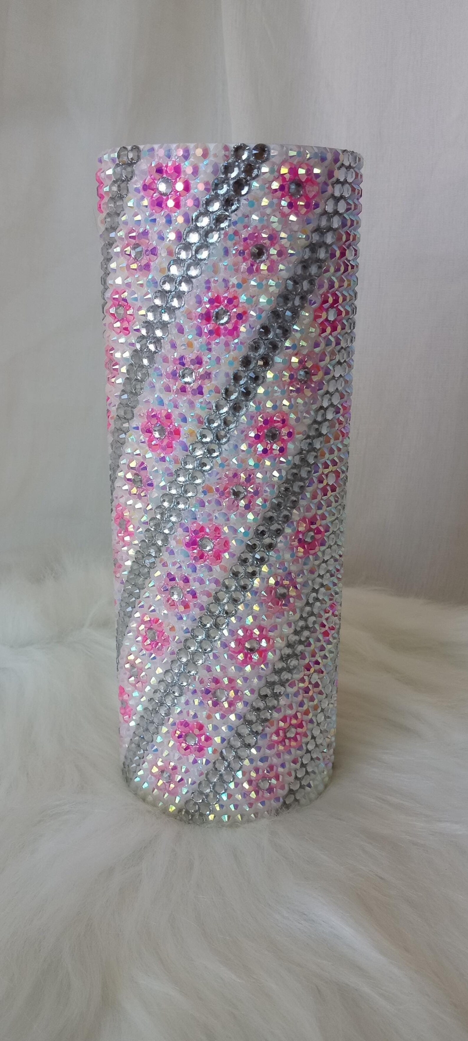 Pink Cherry Blossom Stripes - Full Rhinestone 20oz Stainless Steel Cup ...