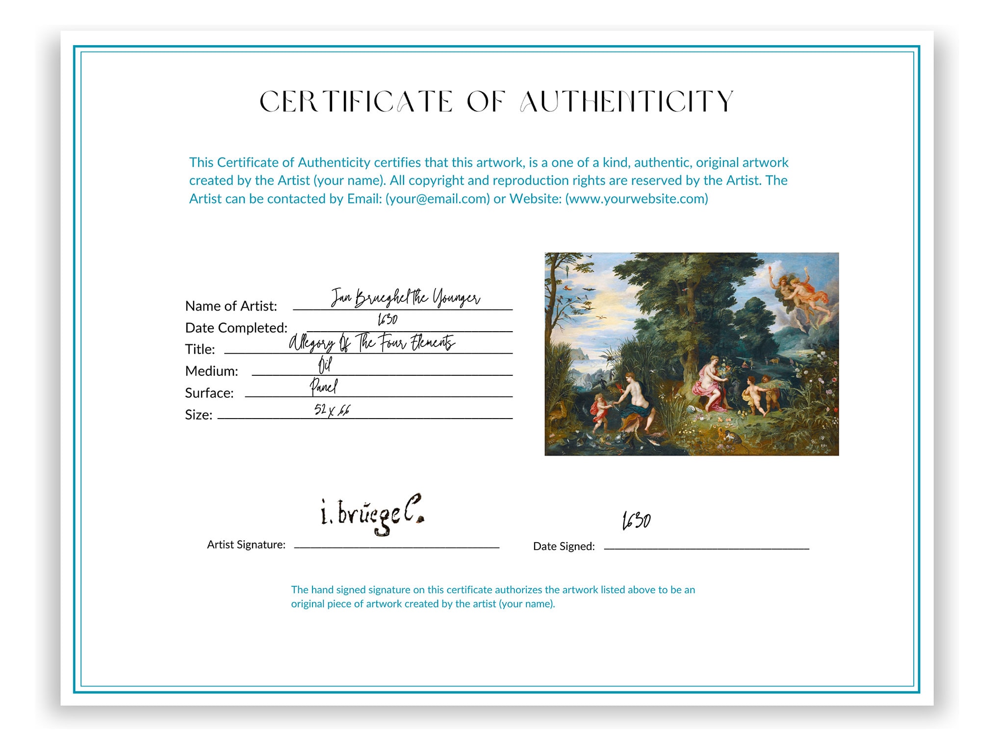 Editable Certificate of Authenticity for Artwork, Certificate of ...