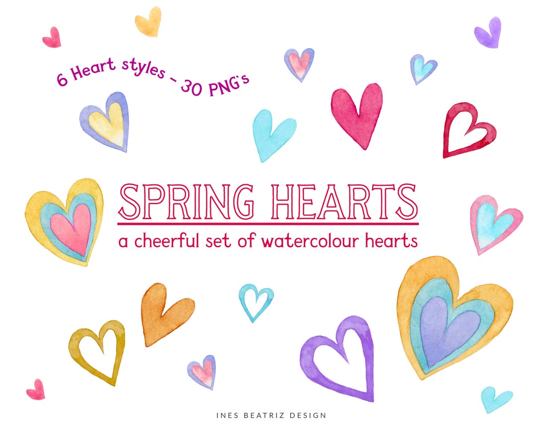Colorful Spring Hearts Watercolor Clipart | Pink Hearts Boho Bright ...