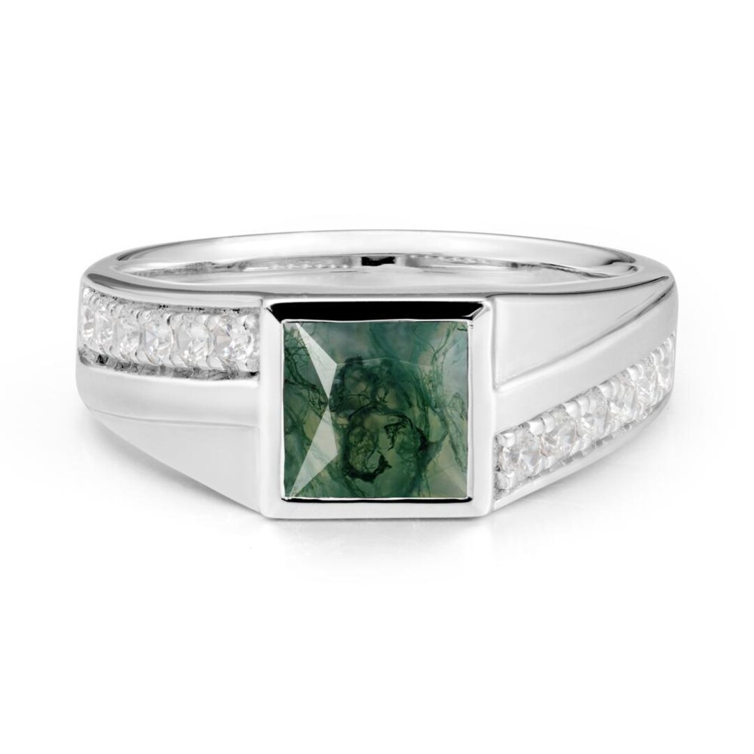 Moss Agate Men's Ring Princess Cut Sterling Silver Wedding Band - Etsy