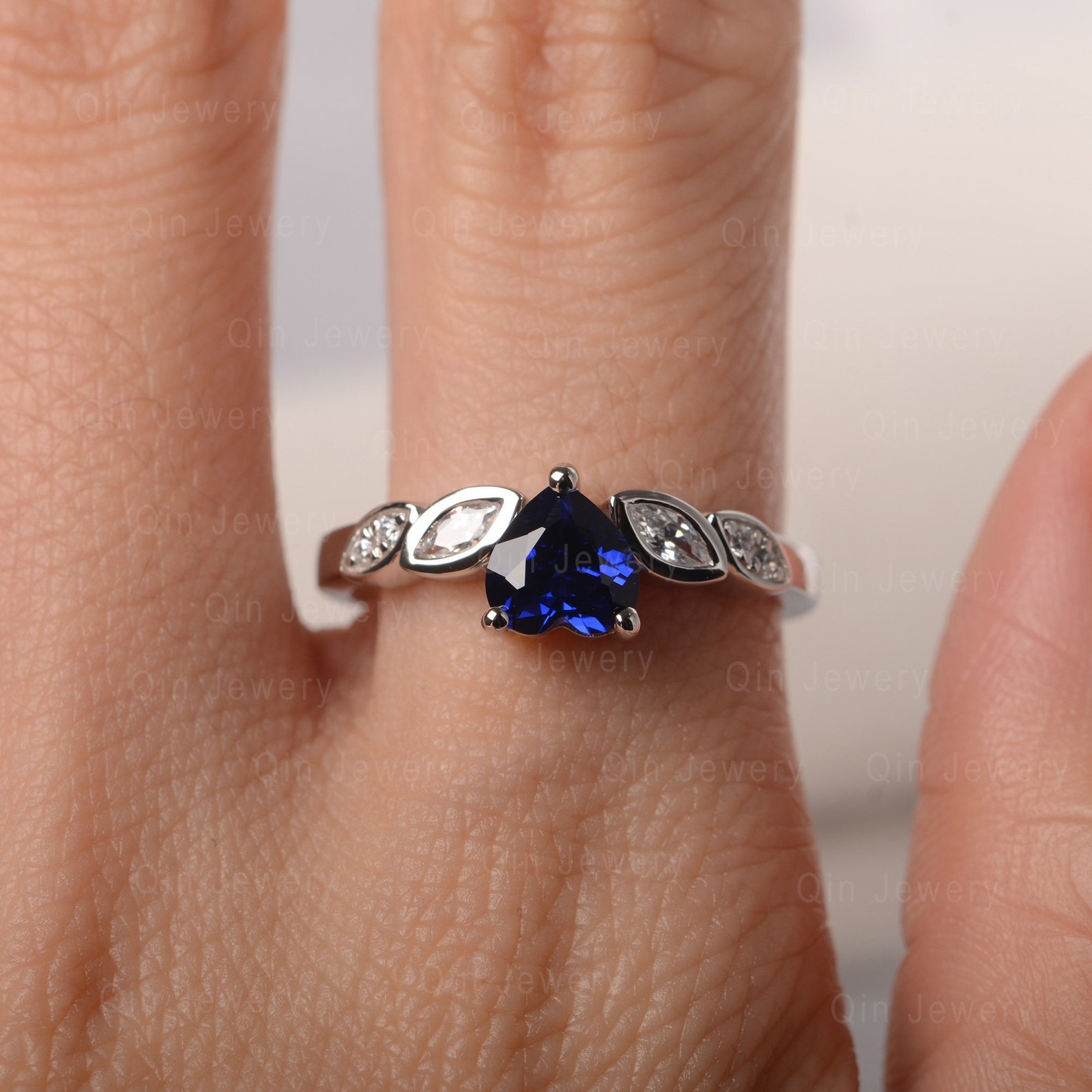 Blue Sapphire Ring Cluster Heart Shaped Ring With CZ Leave - Etsy UK