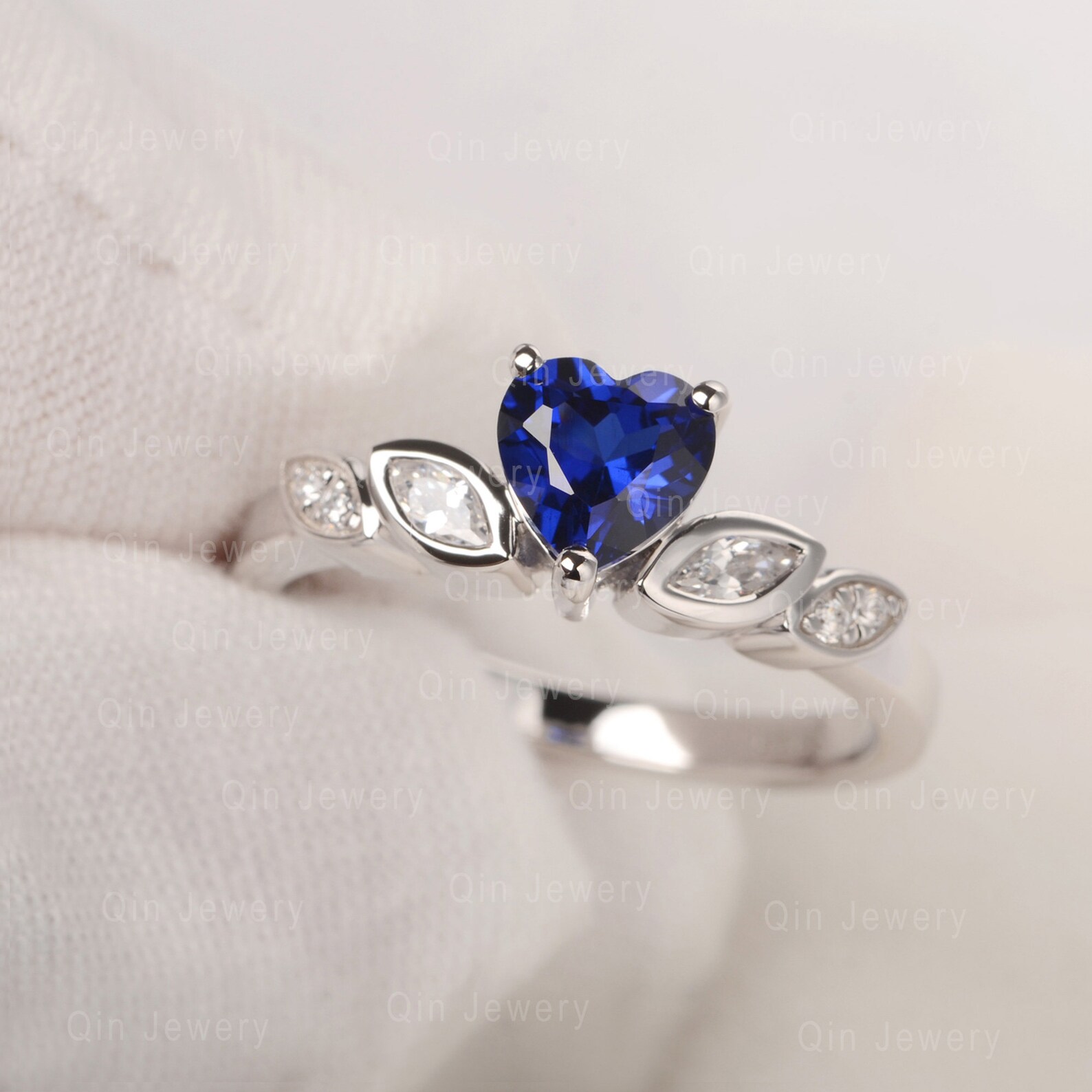 Blue Sapphire Ring Cluster Heart Shaped Ring With CZ Leave - Etsy UK