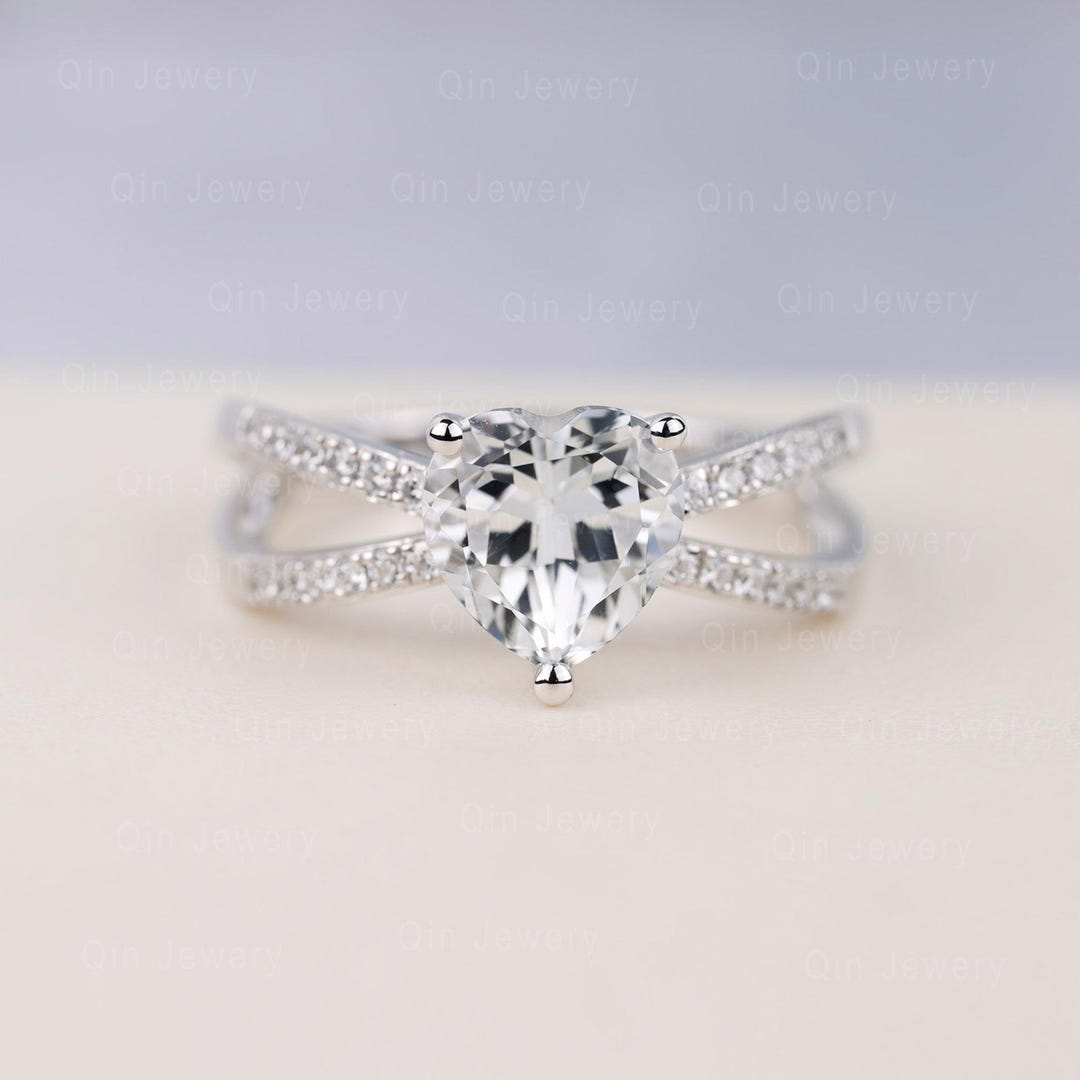 Crossover Band White Topaz Ring Heart Shaped Bridal Ring - Etsy