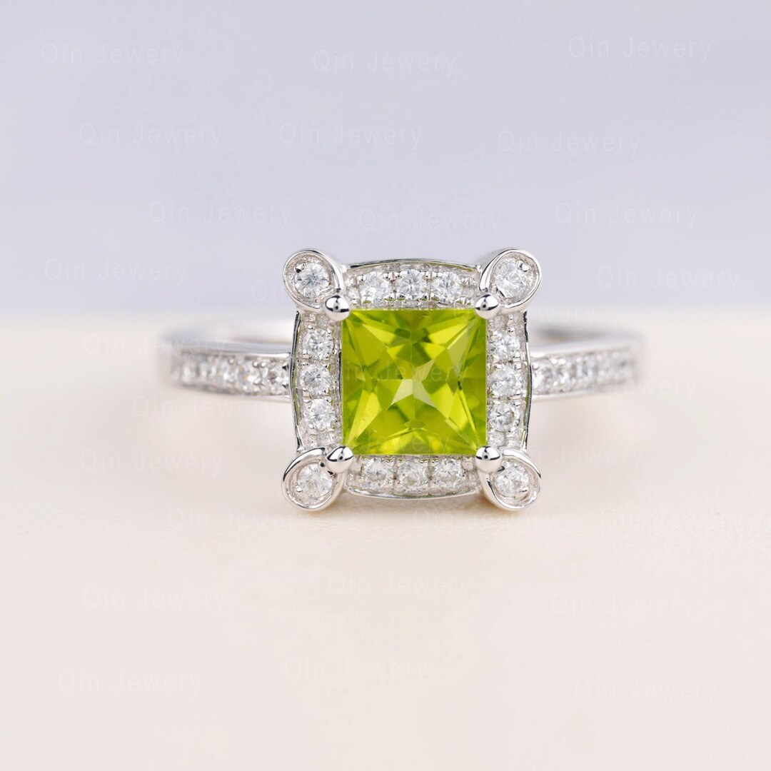 Vibrant Peridot Princess Cut Ring Adorned With Sparkling Accents ...