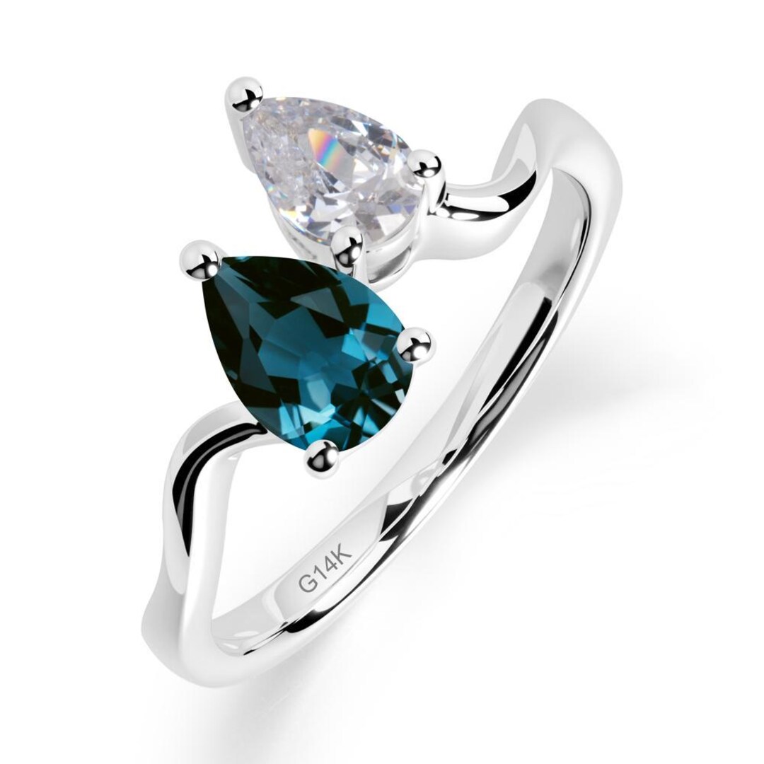Toi Et Moi London Blue Topaz CZ Engagement Ring Two Stone Unique Wave ...