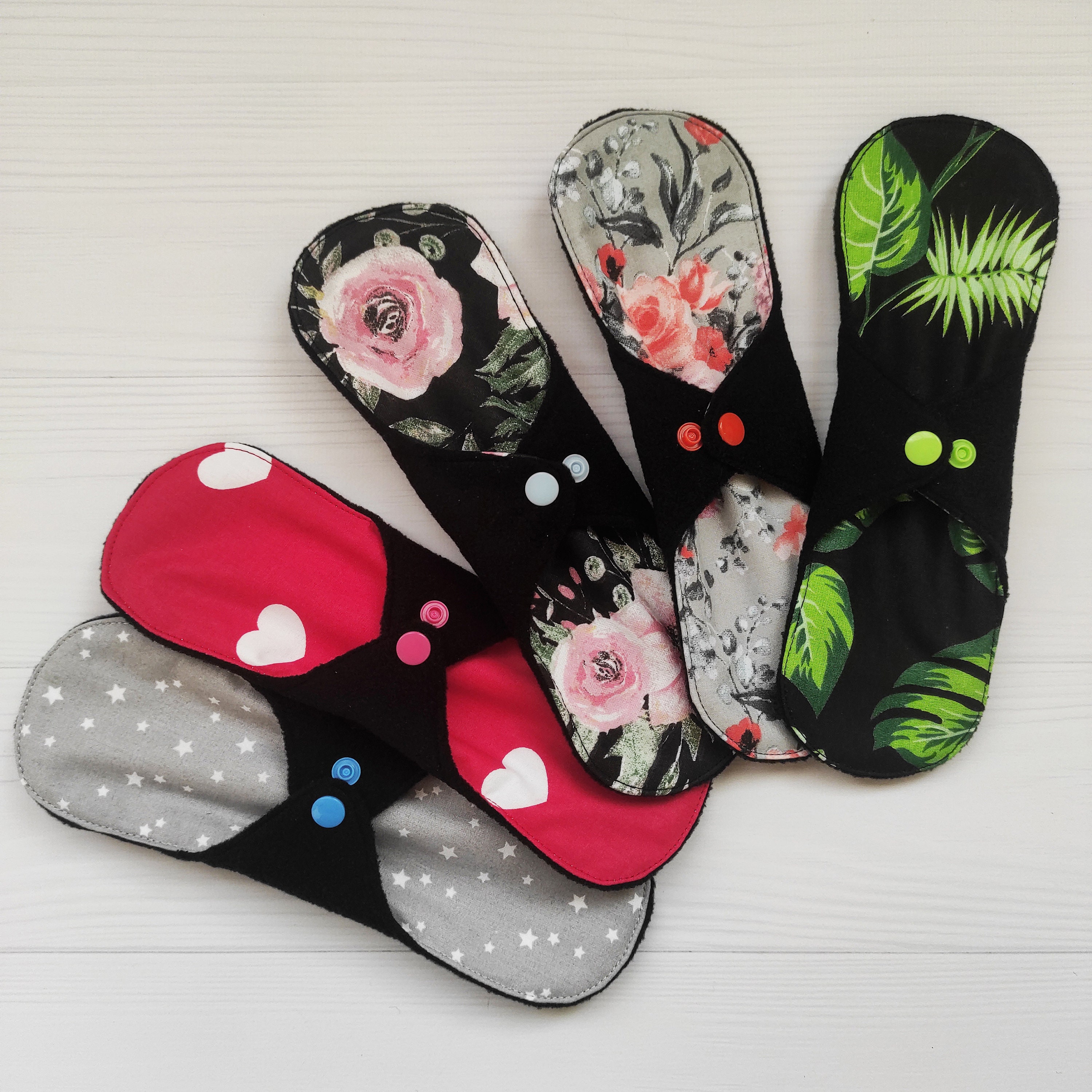 Menstrual Cloth Pads With Flowers. Reusable Panty Liners With Wings ...