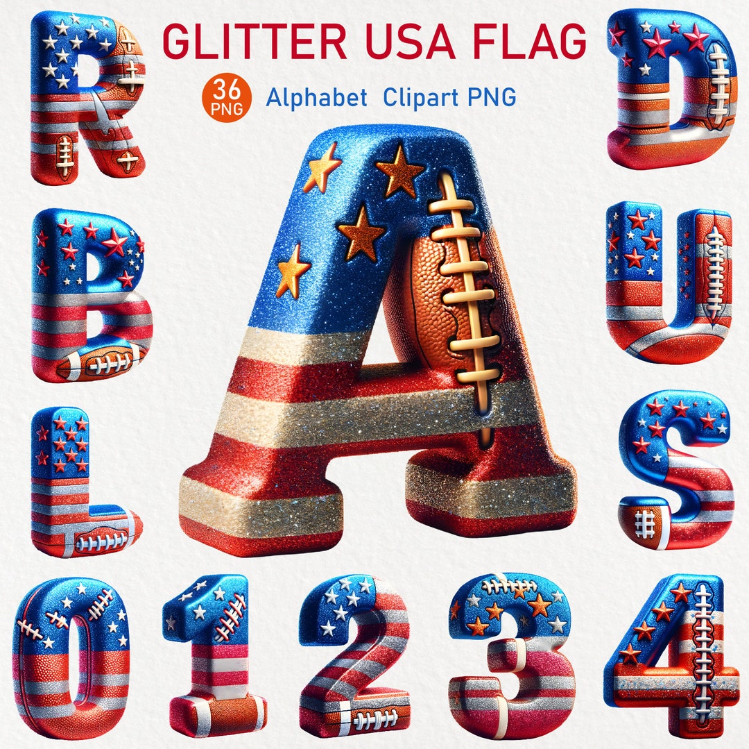 Glitter USA Flag American Football Alphabet Clipart PNG, Patriotic ...