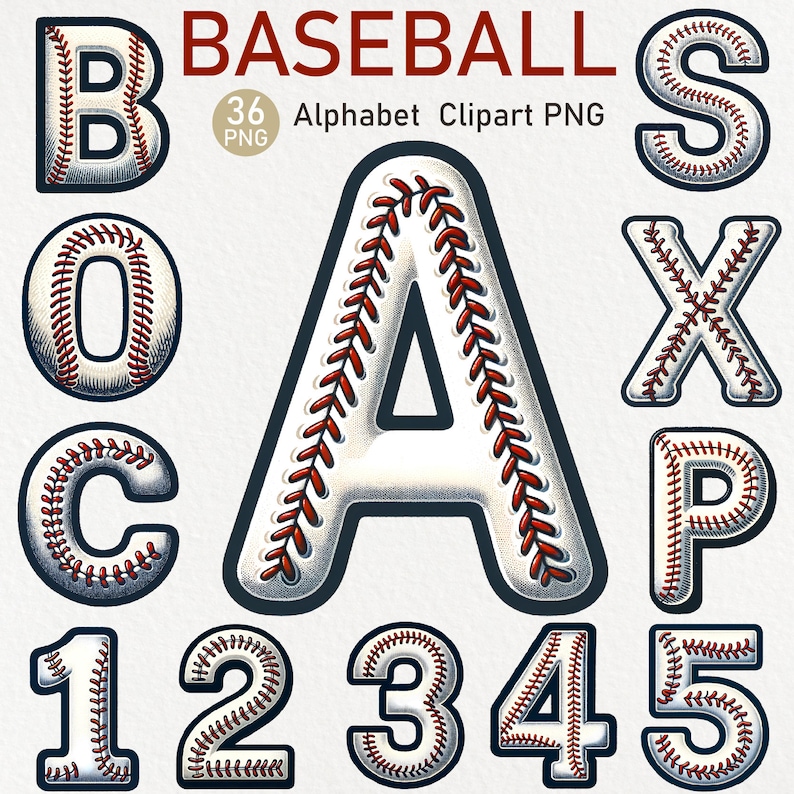 Baseball Alphabet Clipart: Sports Doodle Letters & Numbers (PNG, PDF ...