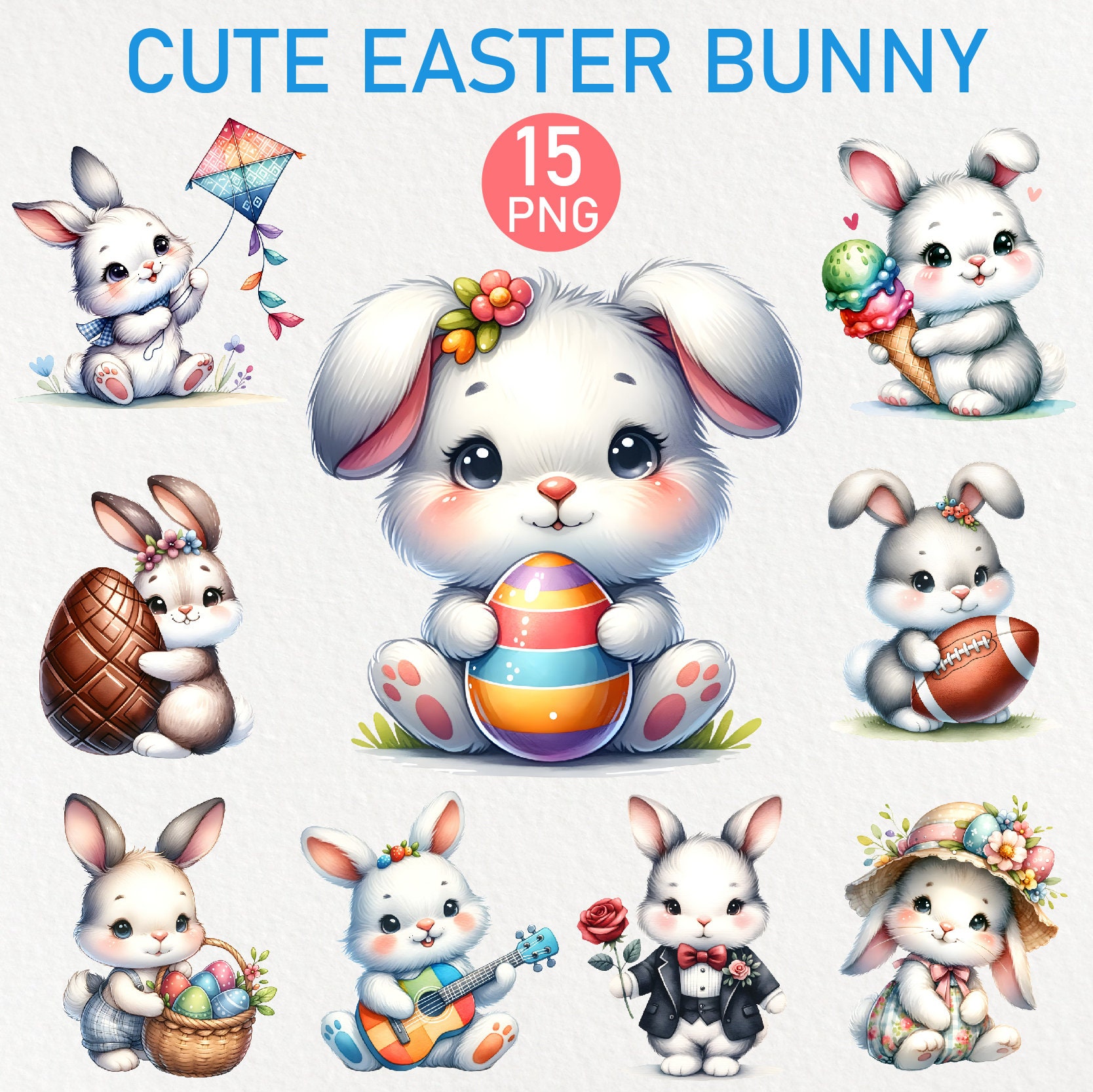 Cute Little Bunny Clipart PNG Sublimation, Cute Easter Bunny Bundle ...