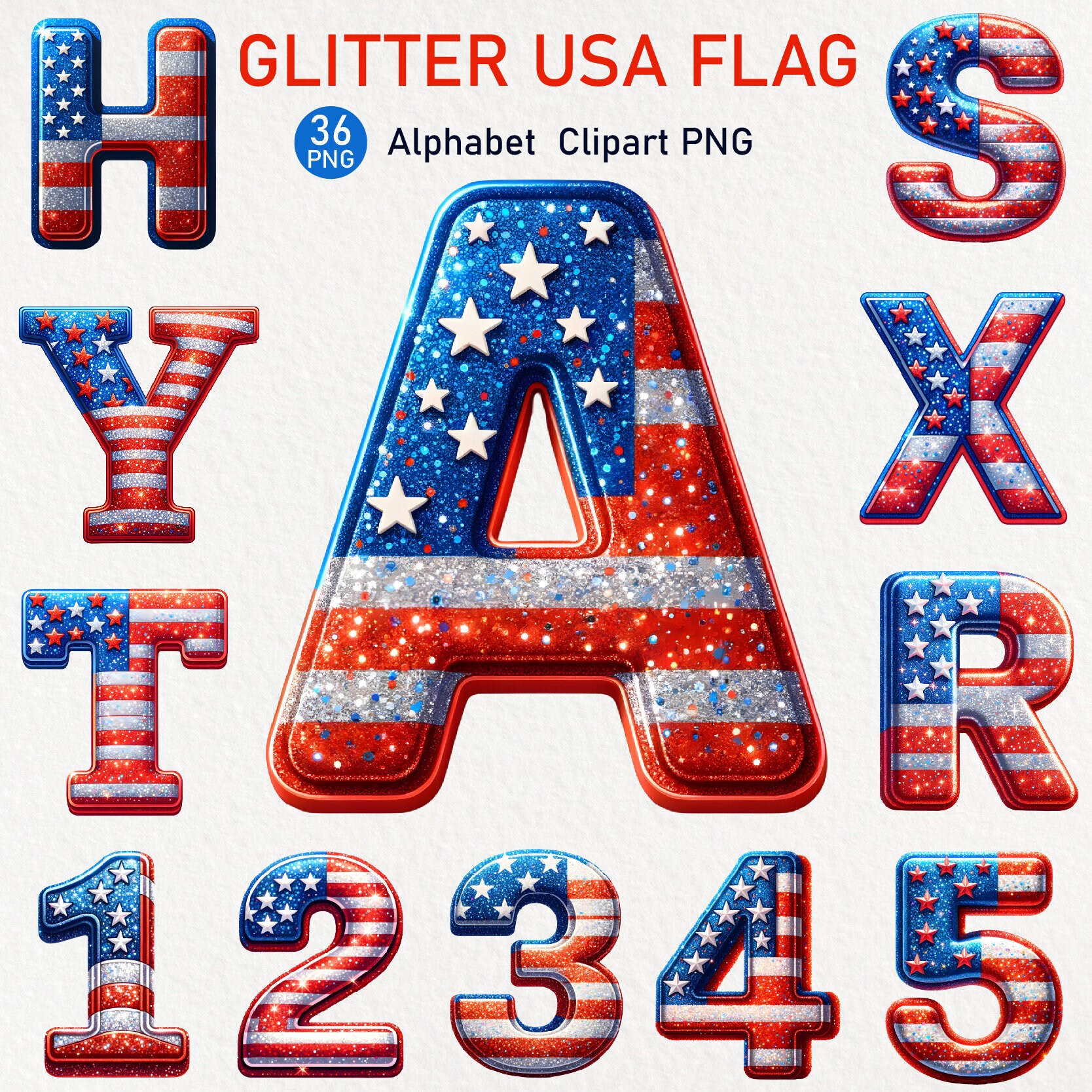Glitter USA Flag Alphabet Clipart Png,july 4th Font, Patriotic Letters ...
