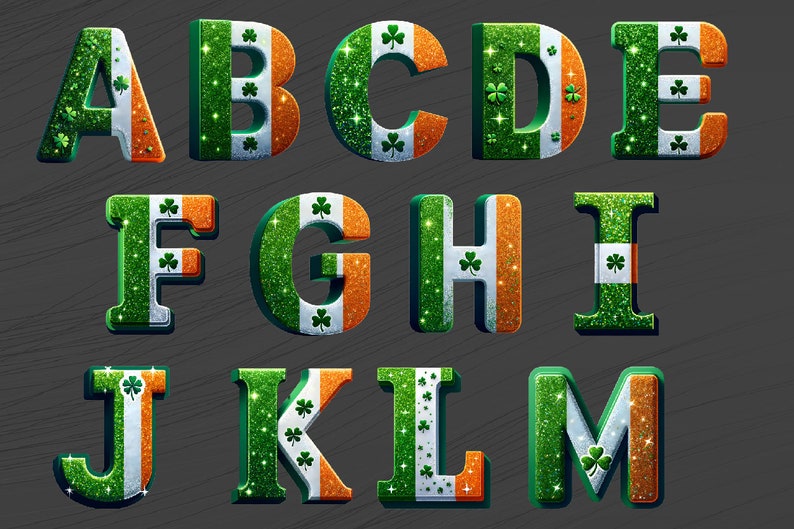 Irish Flag Glitter Alphabet Clipart PNG Sublimation,st Patrick's ...