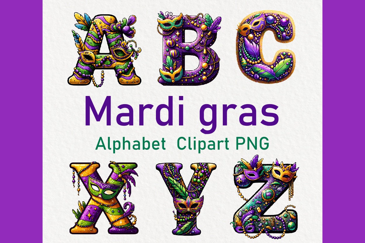 Mardi Gras Alphabet Clipart: New Orleans Carnival PNG (digital Download ...