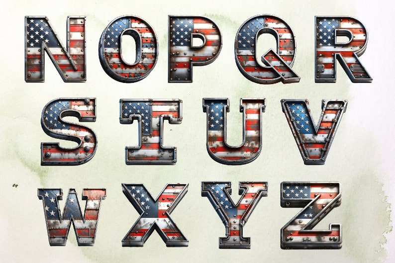 USA Flag Metal Texture Alphabet Clipart: Patriotic PNG Bundle (digital ...
