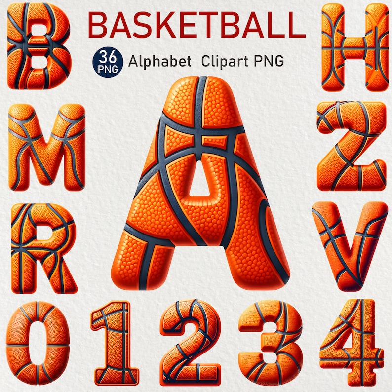 Basketball Alphabet Clipart: Sports Doodle Letters & Numbers (PNG ...