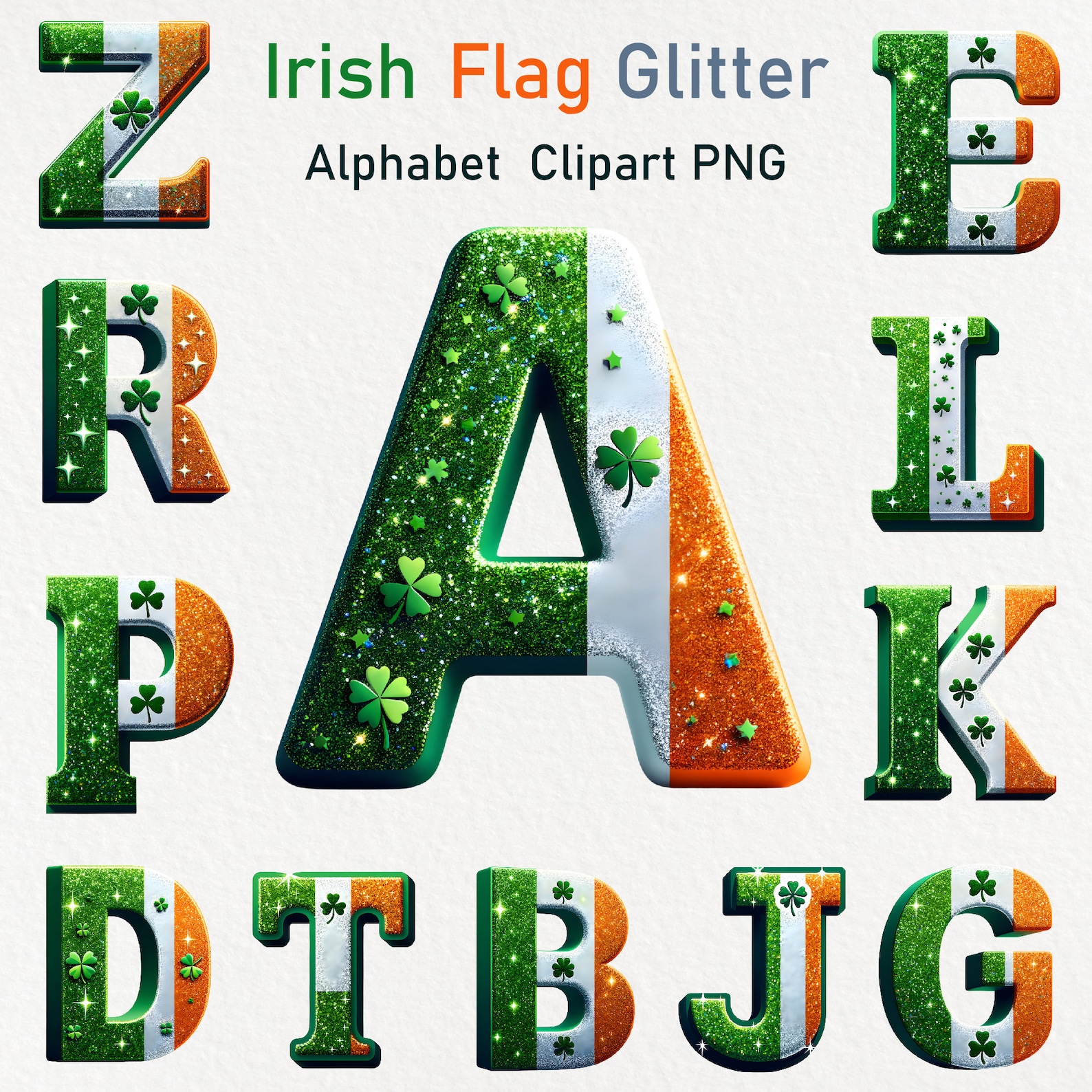 Irish Flag Glitter Alphabet Clipart PNG Sublimation,st Patrick's ...
