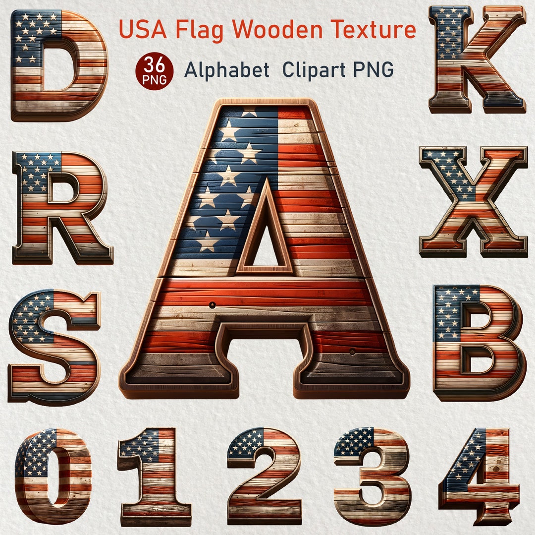 USA Flag Wooden Alphabet Clipart: Patriotic PNG Bundle (digital ...