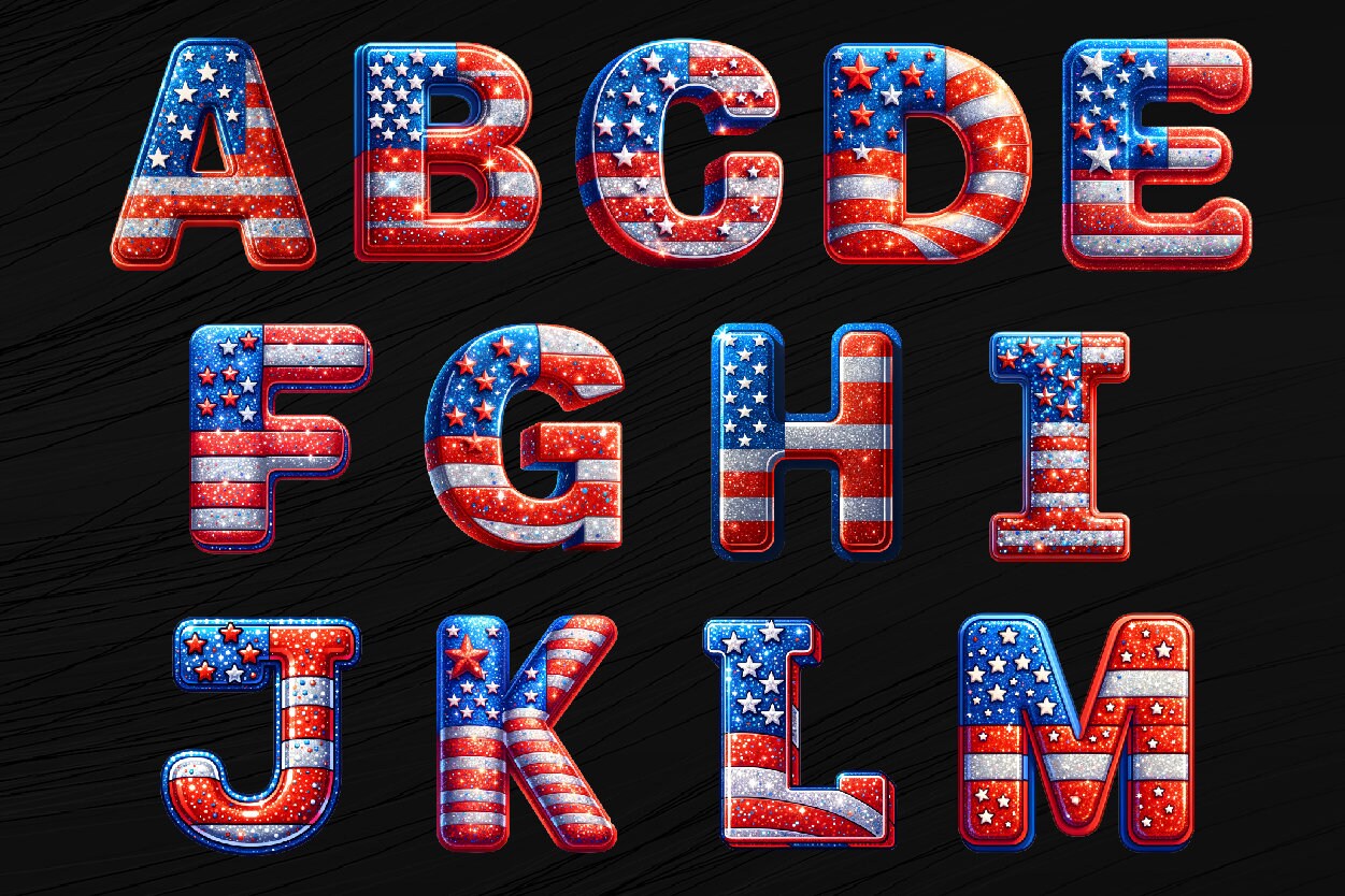 Glitter USA Flag Alphabet Clipart Png,july 4th Font, Patriotic Letters ...