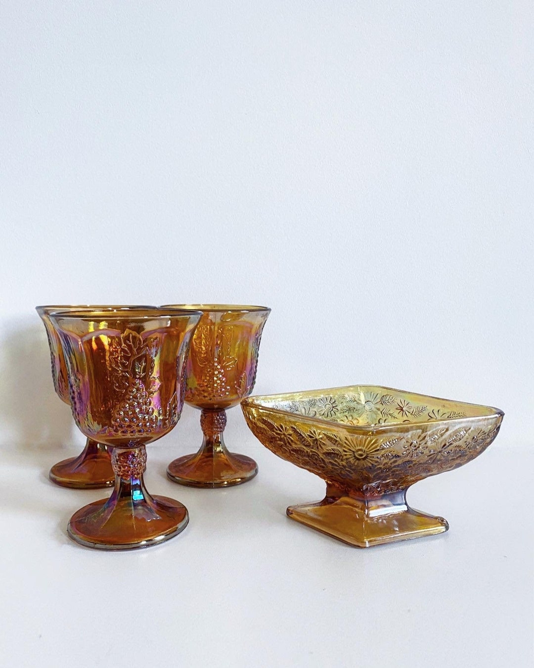 Carnival Glassware Set 3 Goblets and 1 Saucer, Vintage Depression Glass ...