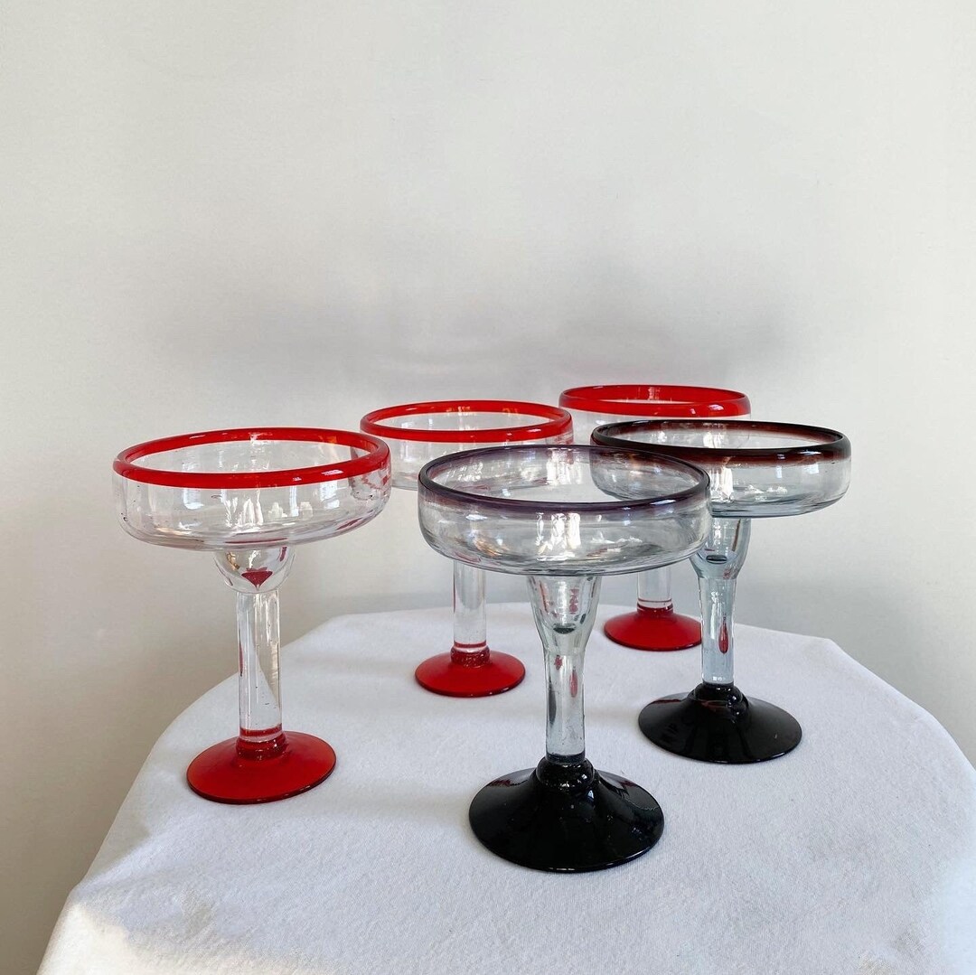 Vintage Set of 5 Red & Brown Rim Margarita Mexican Handblown Glass - Etsy