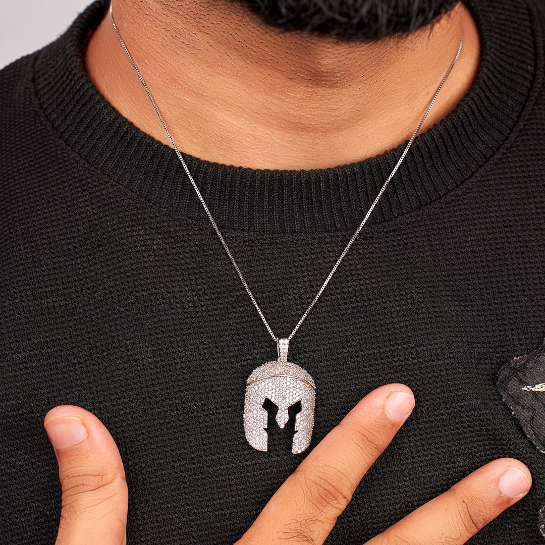 Iced Out Spartan Helmet Pendant - Viking Necklace, Sterling Silver ...
